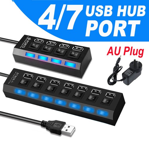 4/7 Port USB 2.0 HUB Powered + SAA AU AC Adapter Cable High Speed ...