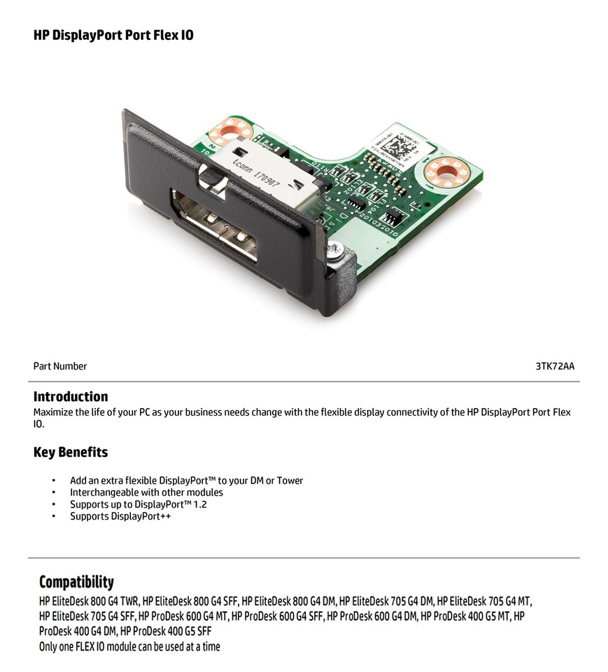 HP Flex IO Card DisplayPort HDMI VGA RS232 Port for EliteDesk 800 G4 ...
