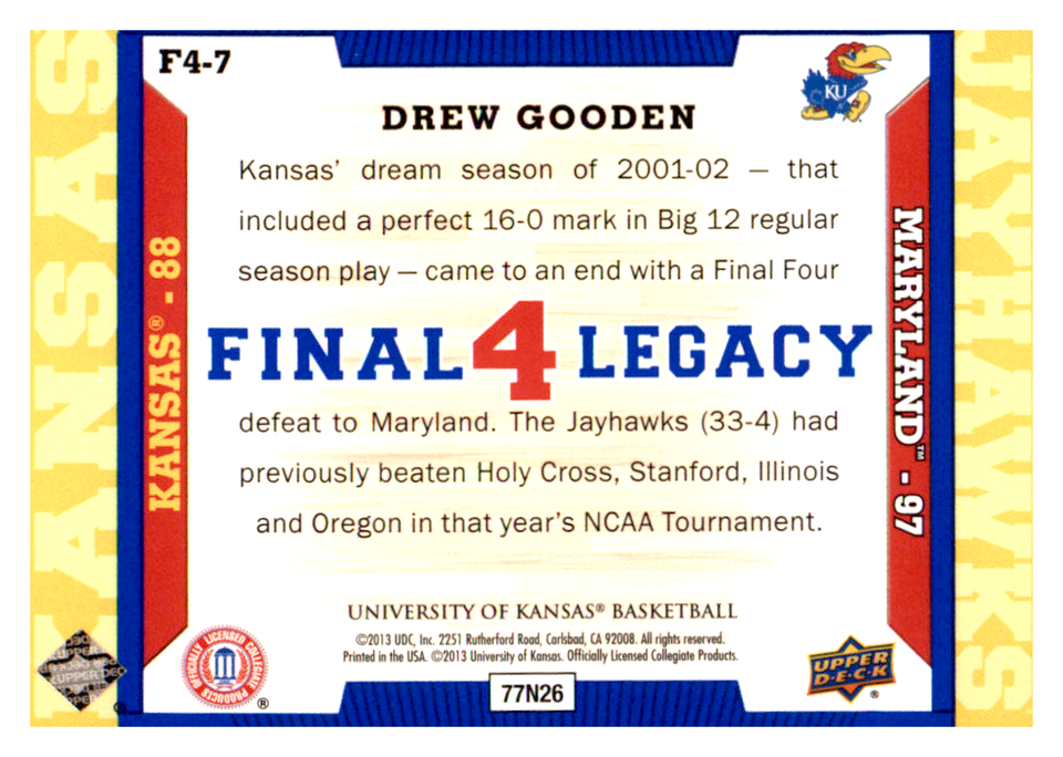 2013 Upper Deck University of Kansas Final 4 Four Legacy Drew Gooden # ...
