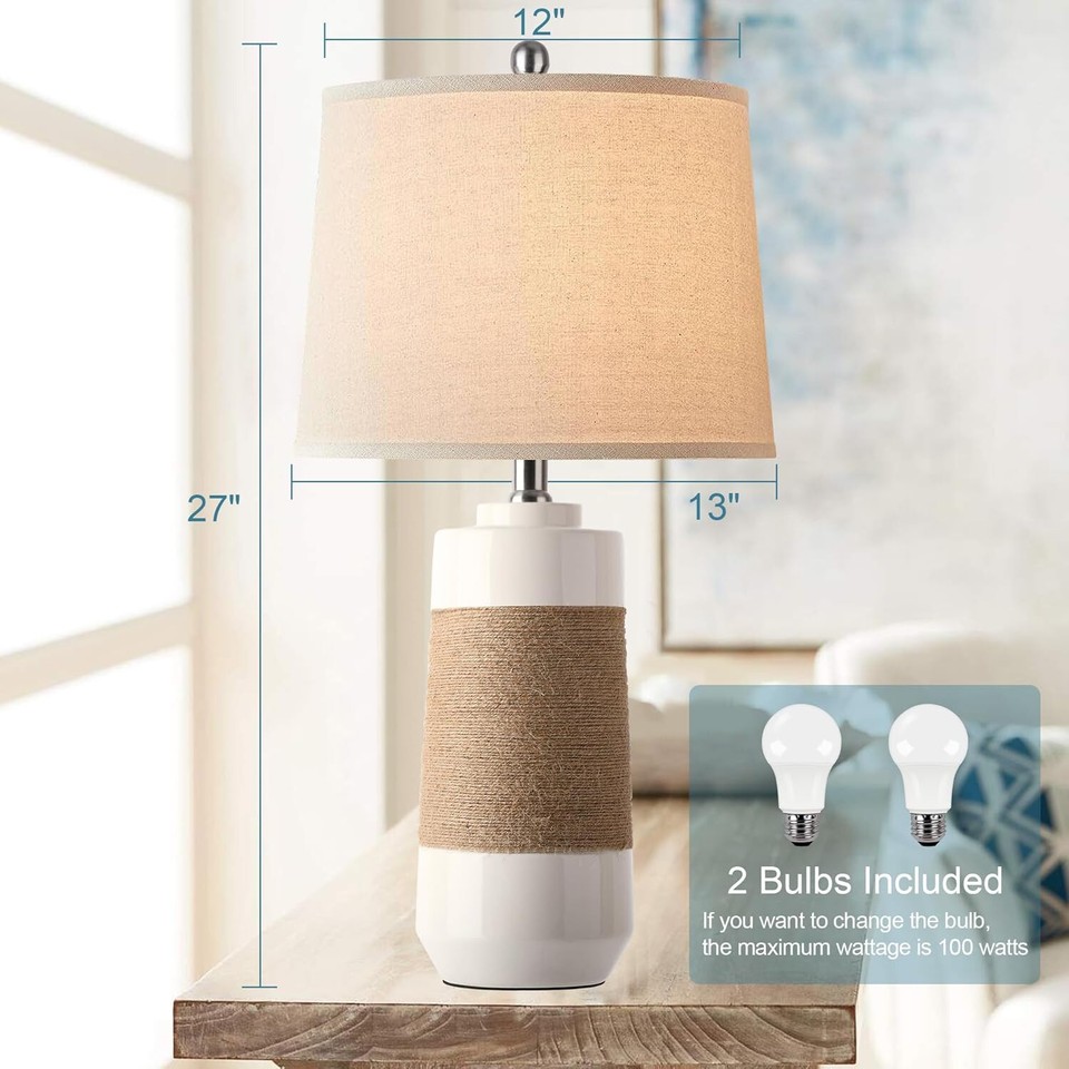 Hamucd White Boho Rattan Ceramic Lamps with Rope for Living Room Set of ...