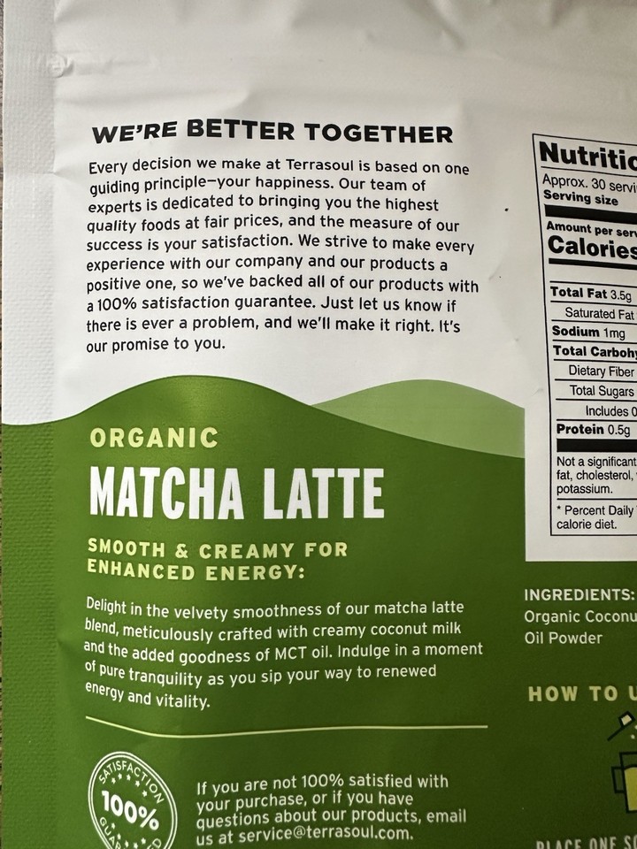 Organic Matcha Latte Powder by Terrasoul Superfoods 8.47oz Bag New ...