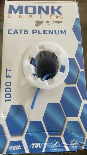 Monk Cables 1000ft Cat6 Plenum CMP Rated Jacket 550MHZ 23 AWG UTP Blue ...
