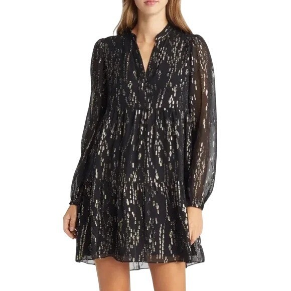 Lilly Pulitzer Winona Black Gold Metallic Silk Long Sleeve Swing Dress ...