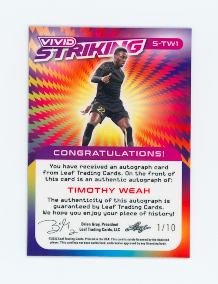 2022 Timothy Weah Leaf Vivid Striking Yellow Refractor Autographed Card ...
