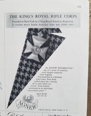 1949 Agnew regimental King's Royal rifle course insignia medal jewelry ...