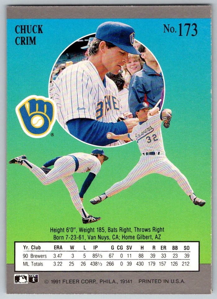 1991 Fleer Ultra Baseball Card Chuck Crim #173 Milwaukee Brewers | eBay