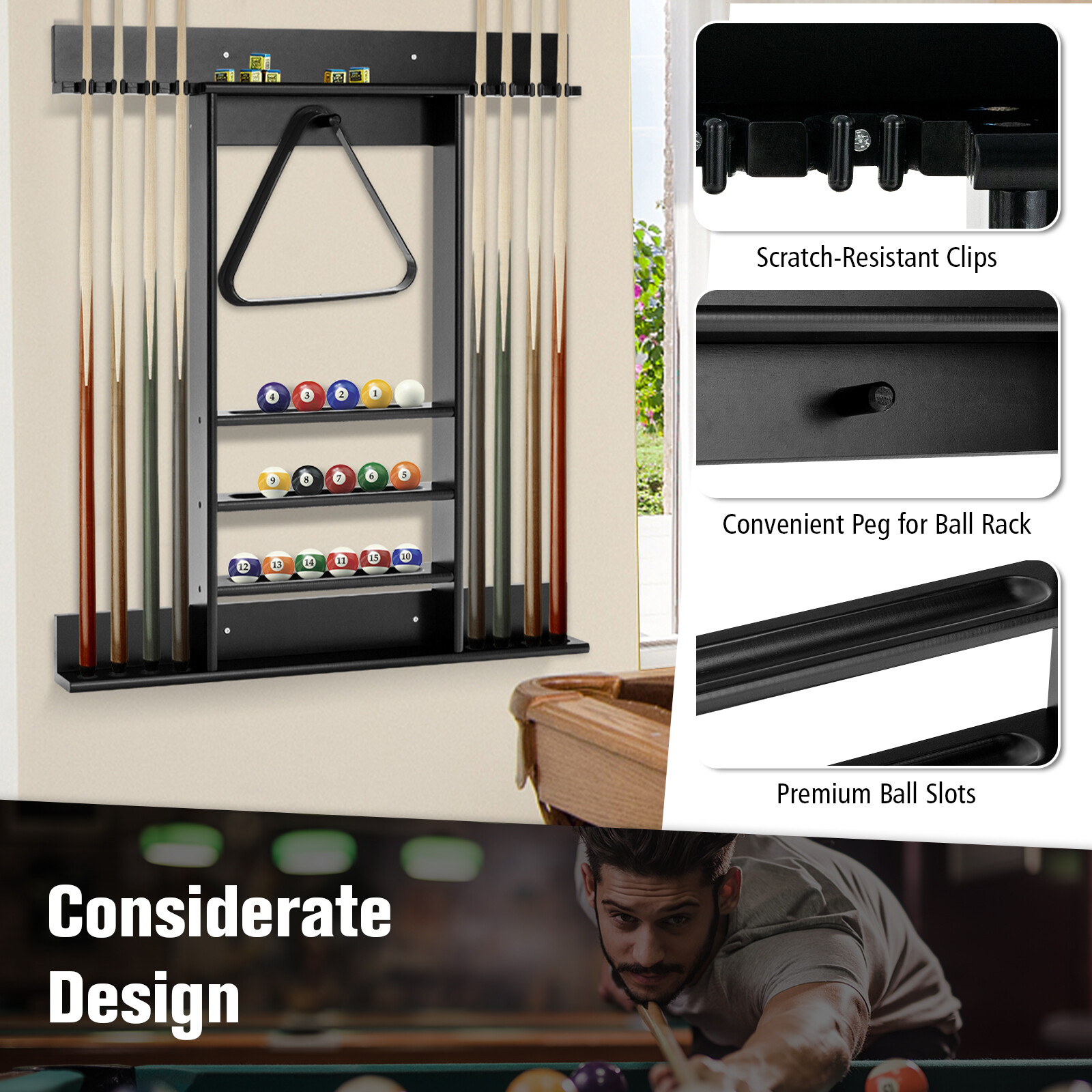 Billiard Cue Rack Only Wall-mounted Billiard Stick Holder Wall Pool ...