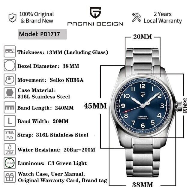 PAGANI DESIGN PD-1717 Blue Dial Japan NH35A Men's 38mm Automatic ...
