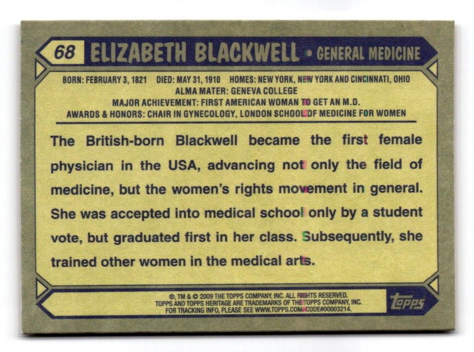 2009 Topps Heritage American Heroes Elizabeth Blackwell General ...
