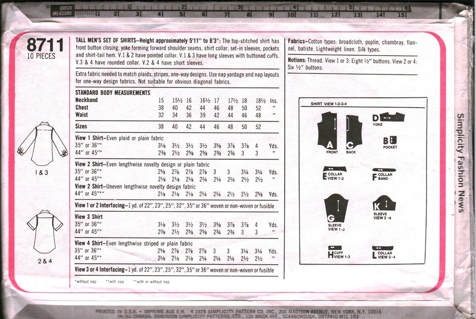8711 Vintage Simplicity SEWING Pattern Mens 1970s Set of Shirts Button ...