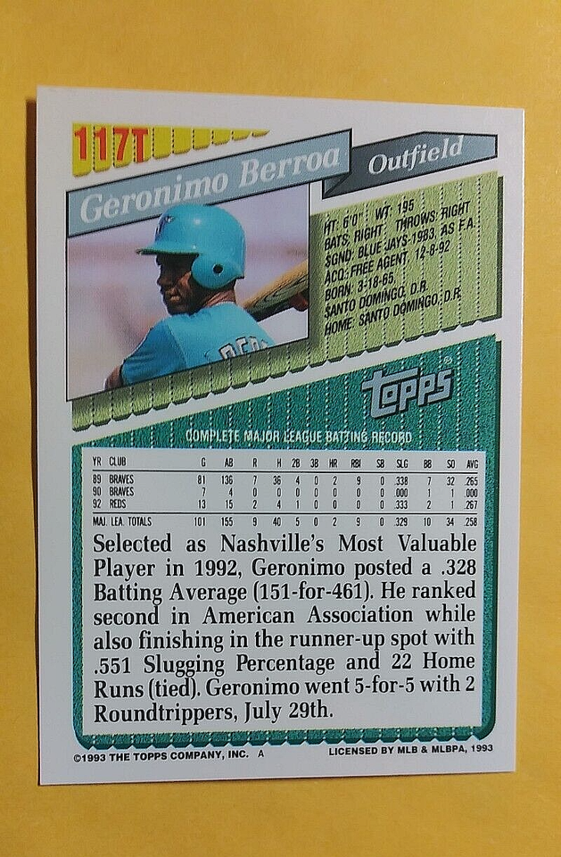 1993 Topps Baseball Card Geronimo Berroa Florida Marlins #117T | eBay