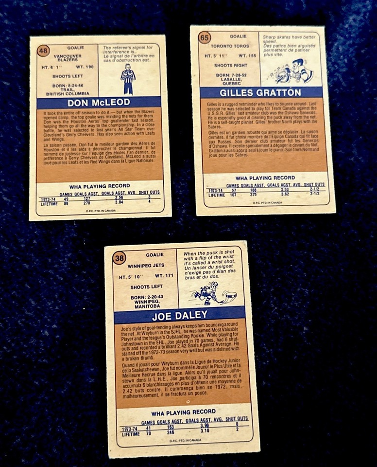 1974-75 OPC WHA GOALIE LOT # 38, 48, 65 JOE DALEY RC DON MCLEOD RC ...