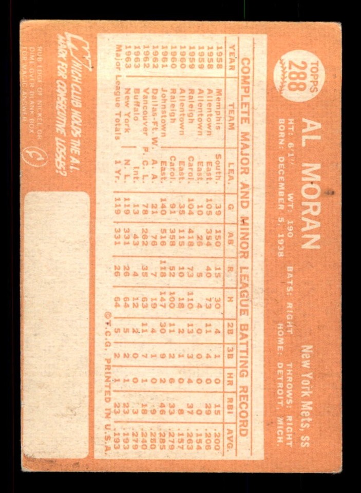 1964 Topps Baseball #288 Al Moran VG/EX *e1 | eBay