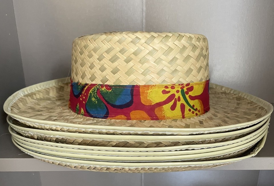 Lot of 6 Vintage Straw Boater Hats – Woven Palm Leaf – Colorful Band ...