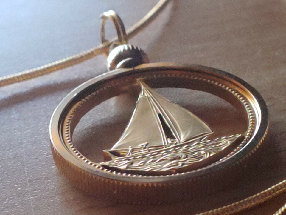 1974 Bahamas Sailboat Cutout Coin Pendant on 24" 18KGF Gold Filled ...