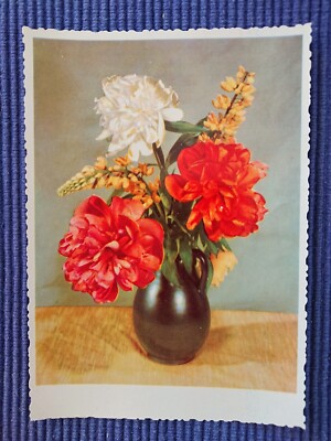 Vintage Postcard AK Flower Bouquet Ceramic Vase 50s Red Carnations | eBay