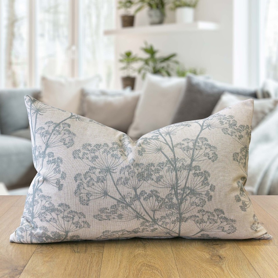 Cow Parsley XL Rectangular Cushion. Duck Egg Blue Botanical Design ...