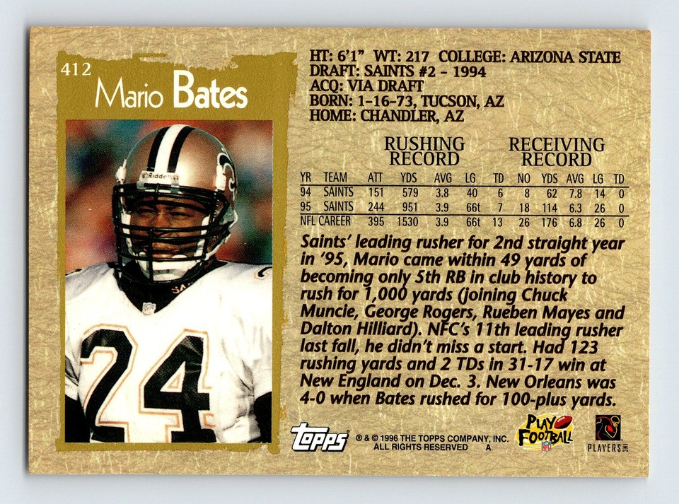 1996 Topps Mario Bates #412 Football New Orleans Saints | eBay