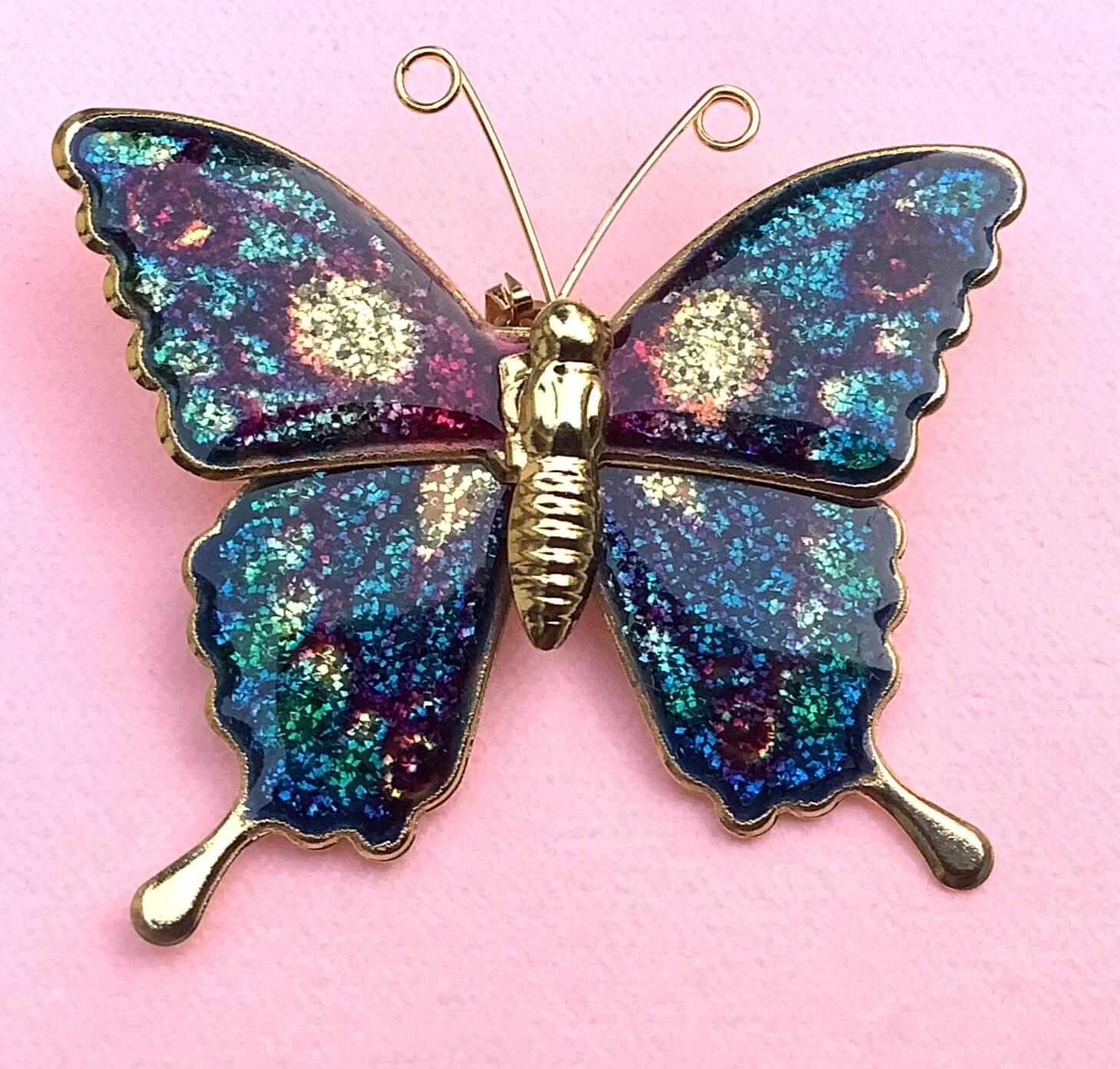 New Gold Tone Butterfly Brooch Pin Or Pendant Iridescent Gold Red Blue ...