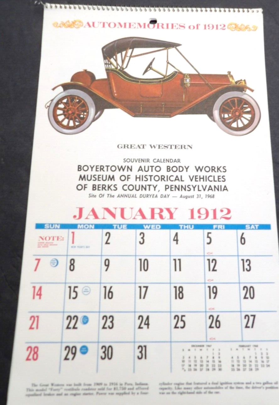 Vintage Car Calender 1969-70 Boyertown Museum Historic Vehicles Promo ...