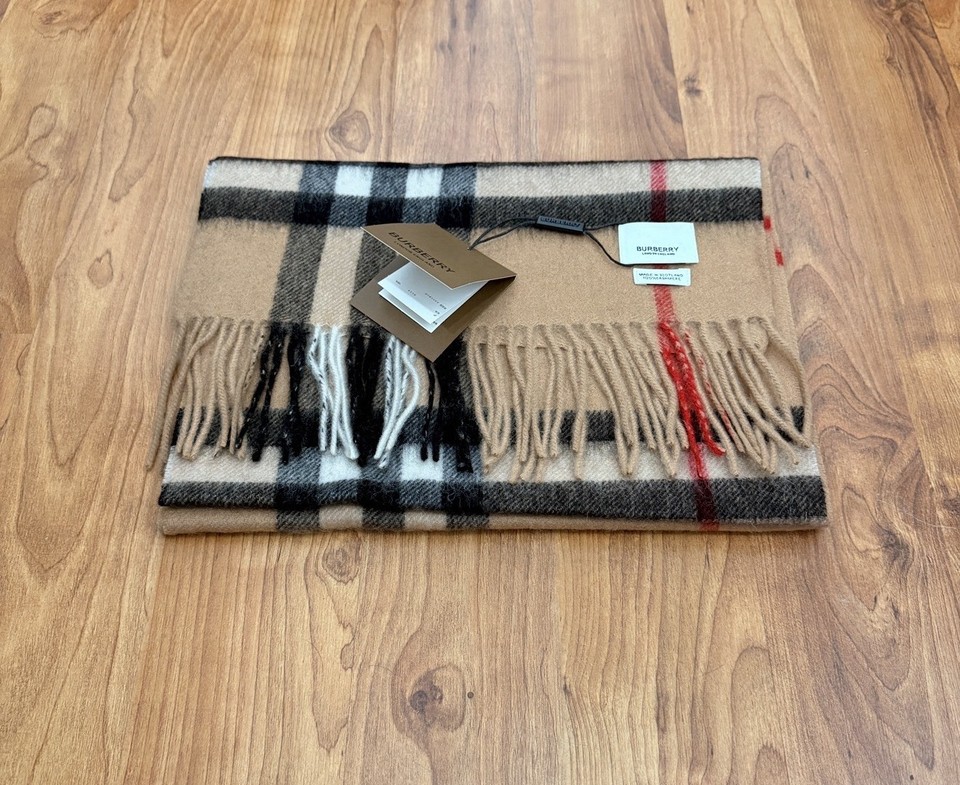 Unisex Burberry Iconic Beige Check Pattern Scarf Box+Bag Set 100% ...