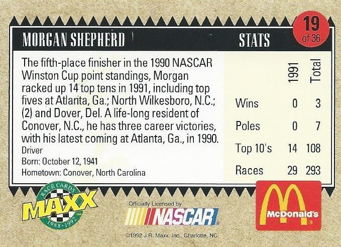 MORGAN SHEPHERD AUTOGRAPHED 1992 MAXX MCDONALDS RACING NASCAR PHOTO ...