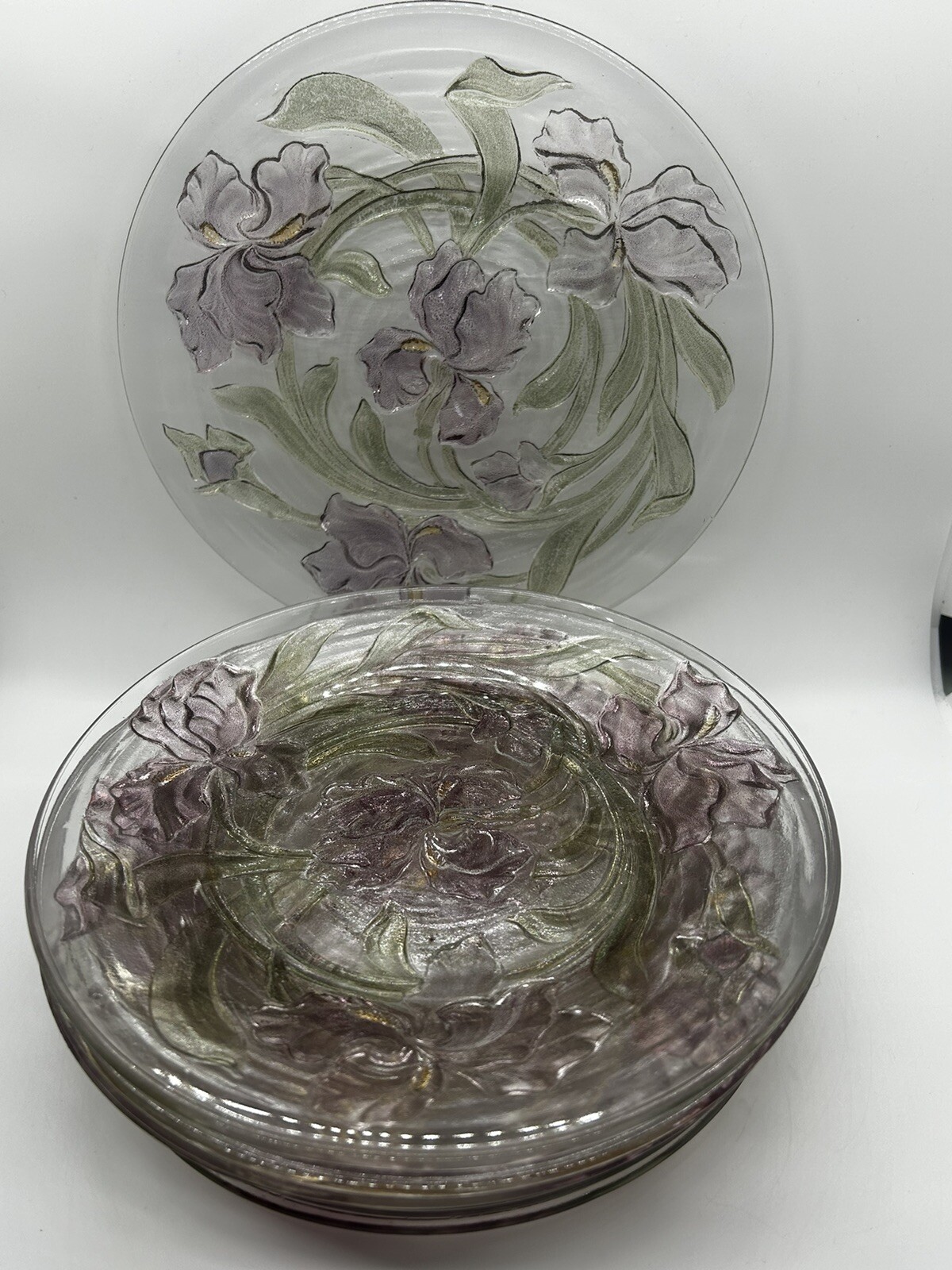 8 Goofus Glass Plates- Pristine - Pink Iris Design w/Gold Highlights ...