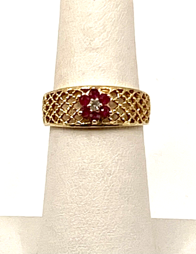 14k Gold Ruby & Diamond Lattice Ring Gem Flower 7mm tall Sz 6 Estate ...