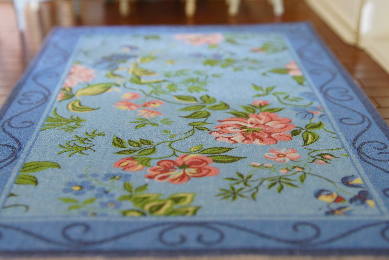 Beautiful Blue Dollhouse Rug French Country Theme Floral Green Leaves 1 ...