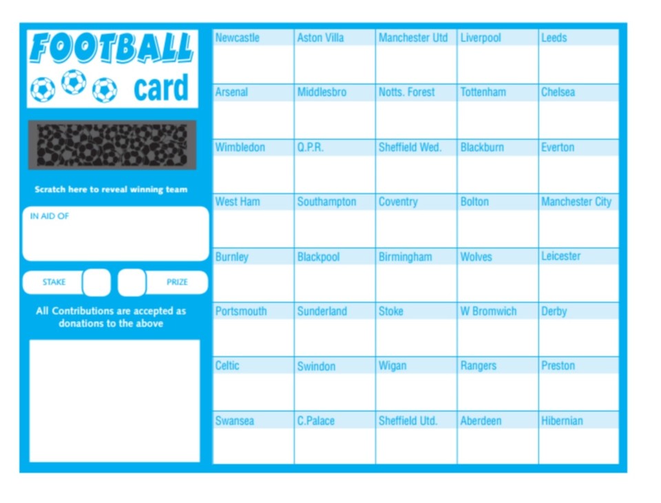 FOOTBALL SCRATCH CARDS 20 30 40 50 and 80 Team Fundraising A5 Card ...