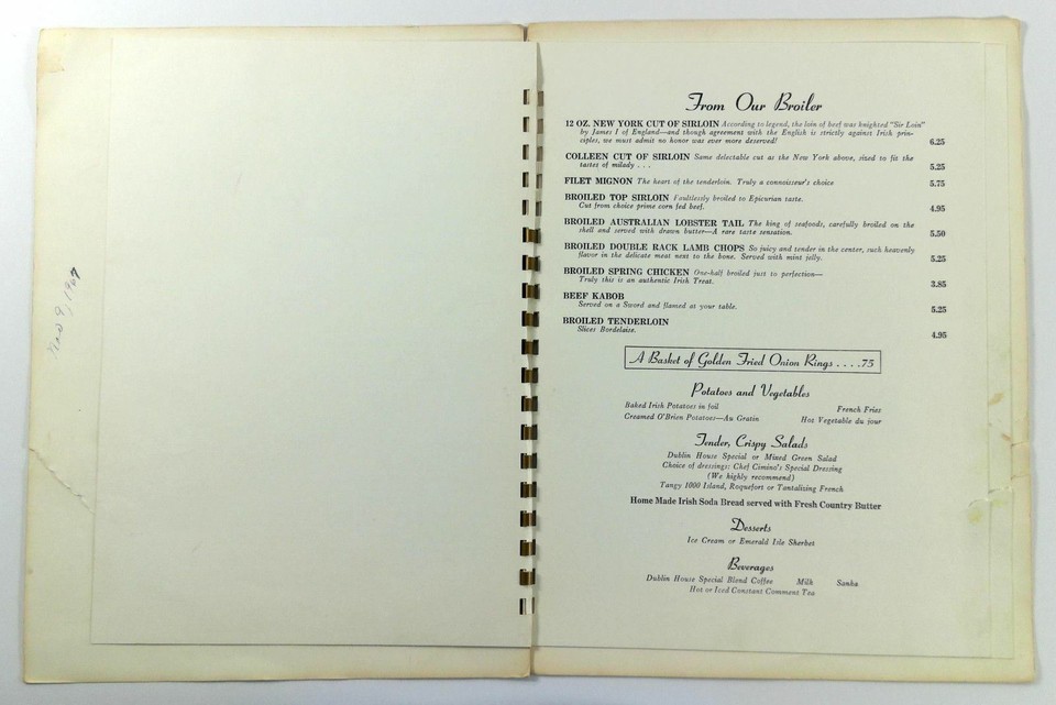 1967 Original Vintage Menu DUBLIN HOUSE Restaurant Colorado Springs ...