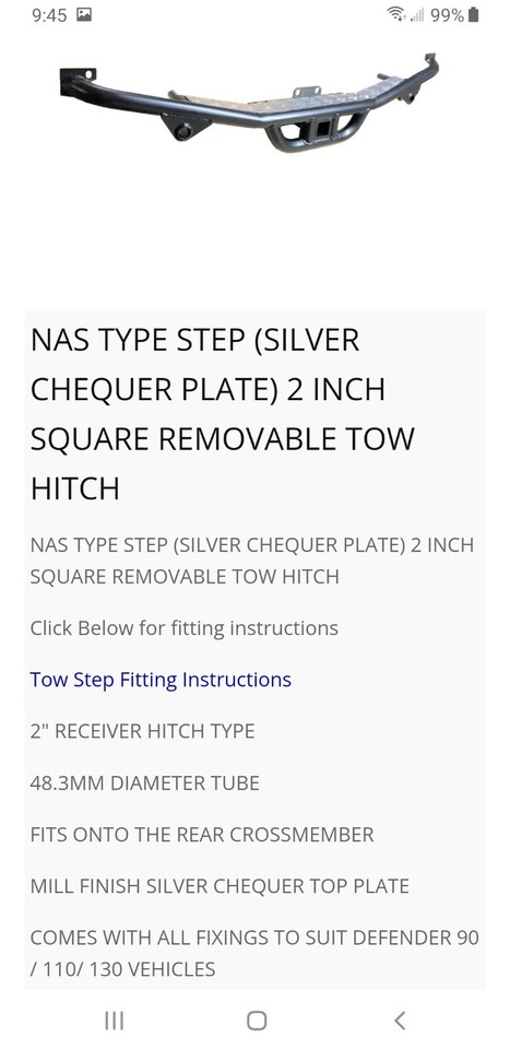 Land Rover Defender 90/110/130 NAS Rear Step Receiver Hitch Tow Bar New ...