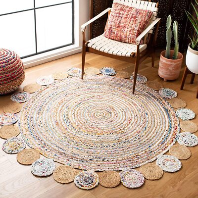 Round Rug Cotton & Jute Mix Handmade Area Rug Rustic Look Living Room ...