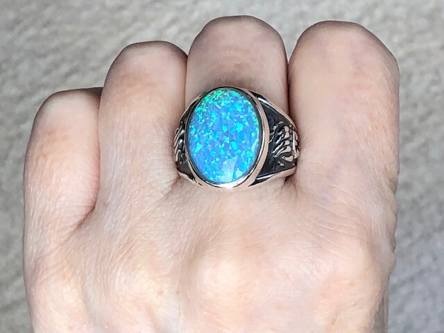 Powerful Bear Claw Paw Men's Opal Signet Ring Semi-black blue Sterling ...