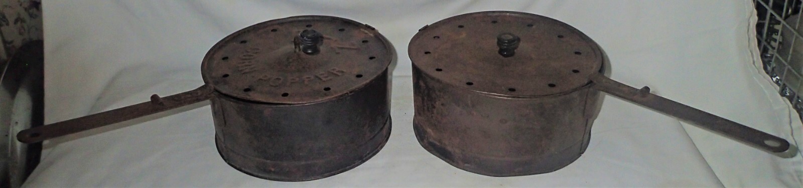 ANTIQUE PRIMITIVE METAL HOME CORN POPPER PAN TOOL WOOD STOVE CAMPING ...