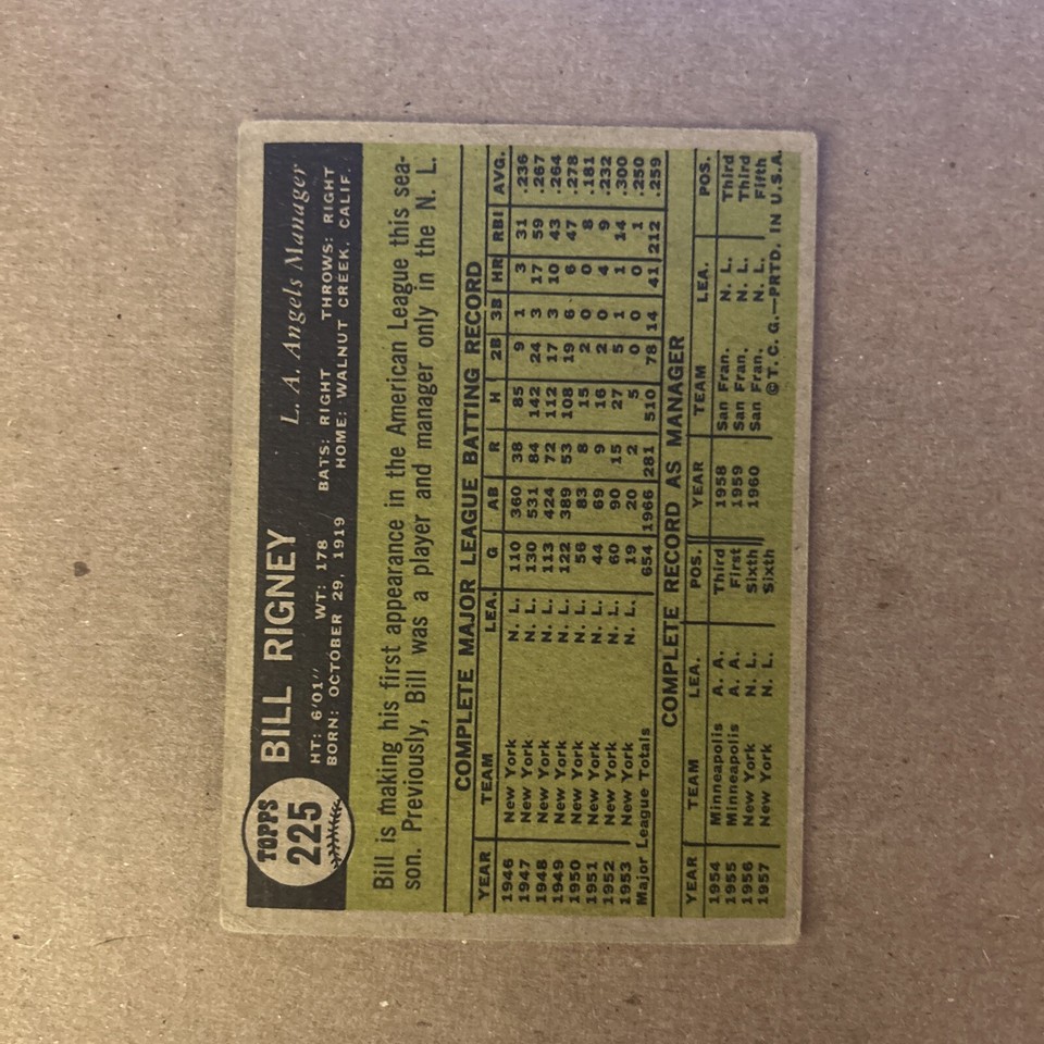 1961 Topps Baseball Bill Rigney Los Angeles Angels Card #225 | eBay