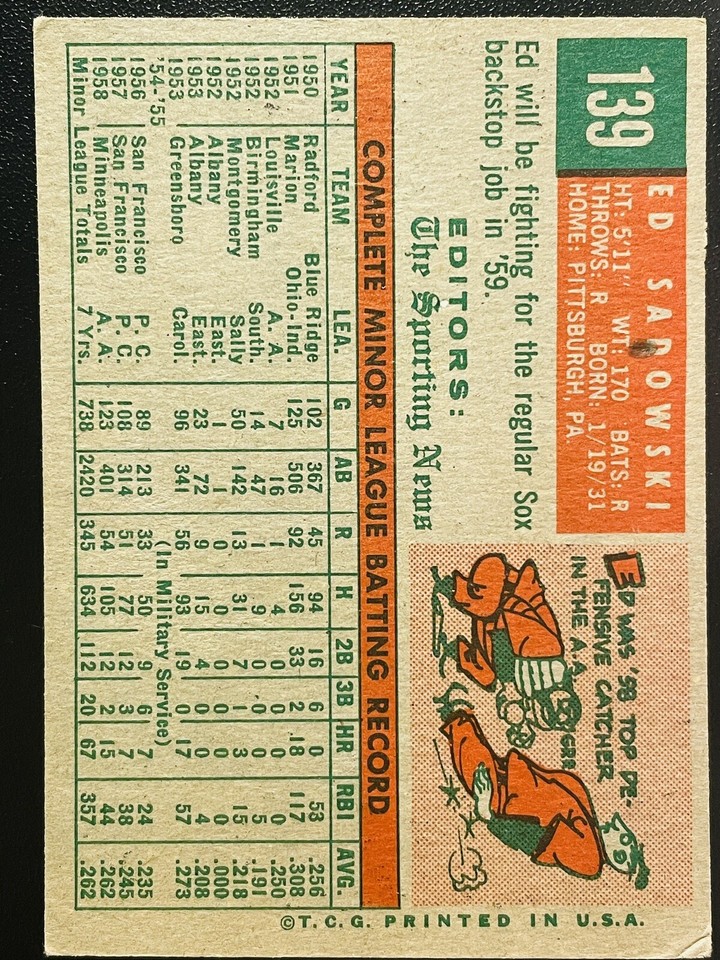Ed Sadowski 1959 Topps #139 Boston Red Sox | eBay