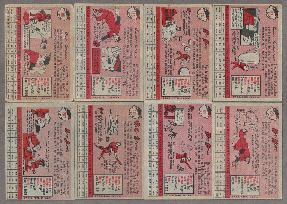 1958 Topps 8 cards Duke Snider Logan Face Jones Stevens Ennis FREE ...