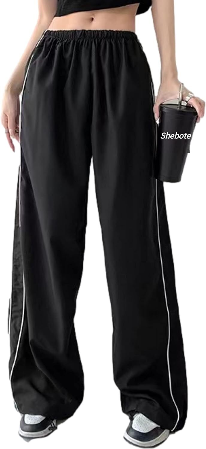 Shebote Womens Parachute Pants Wide Leg Baggy Pants Y2k Elastic Waist