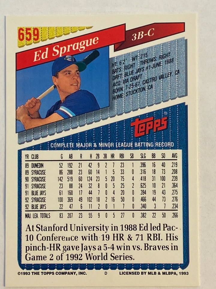 1993 Topps Gold #659 Ed Sprague Toronto Blue Jays | eBay
