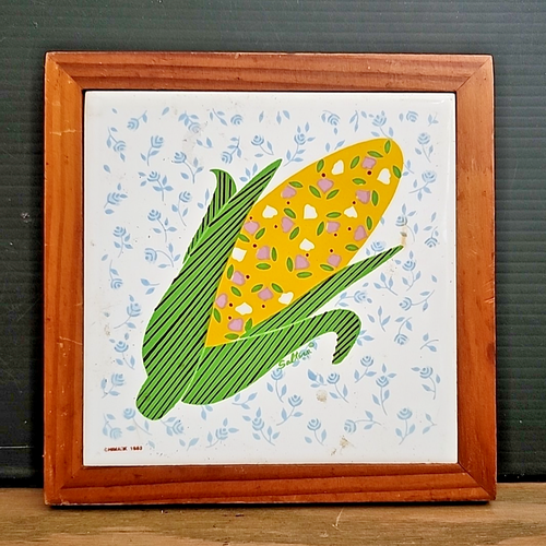 Vintage Tile Wall Hanging Plaque Corn Kitsch Wood Frame Farmhouse ...