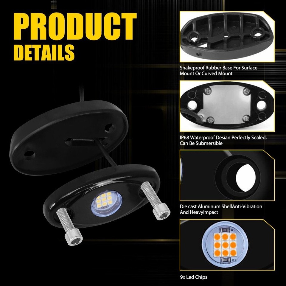 12X Amber Rock Light LED Offroad Underglow Neon Lights For ATV UTV SUV ...