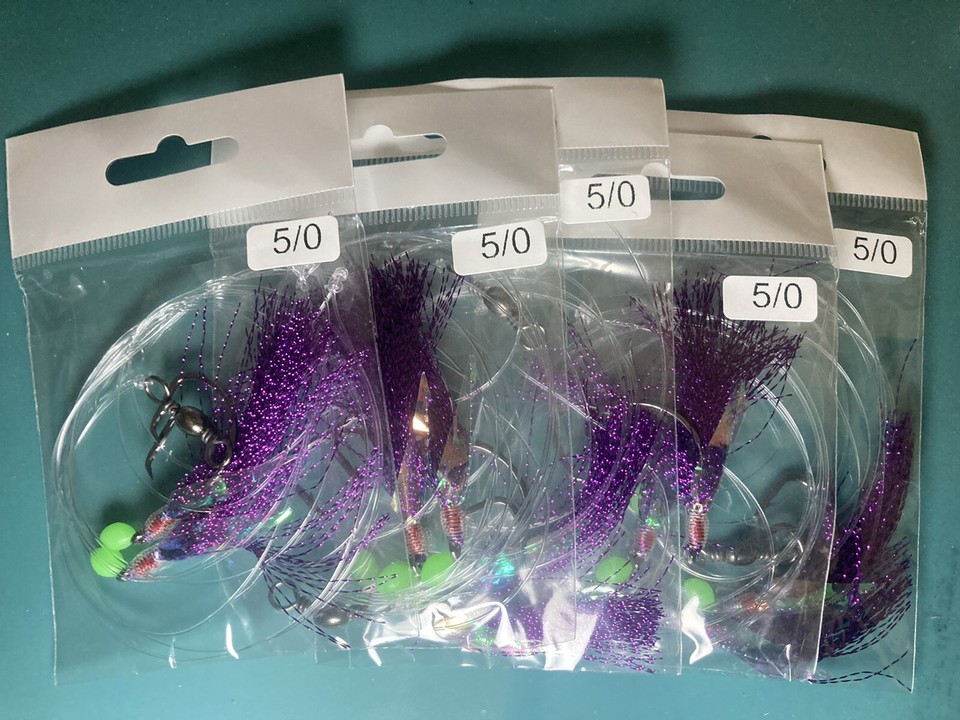 10 Packs 5/0 Feather Rockfish Rig Rock Cod 2 hooks Bottom Fishing Deep ...