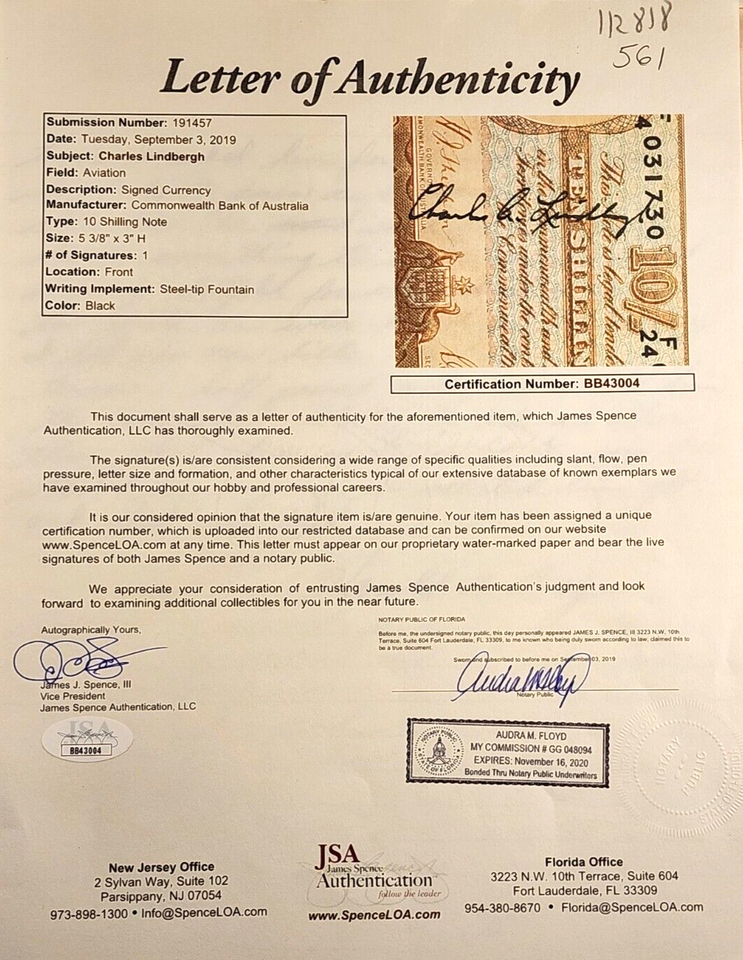 CHARLES LINDBERGH PSA DNA CERFIFIED AUTO GRADE PSA MINT 9 CURRENCY JSA ...