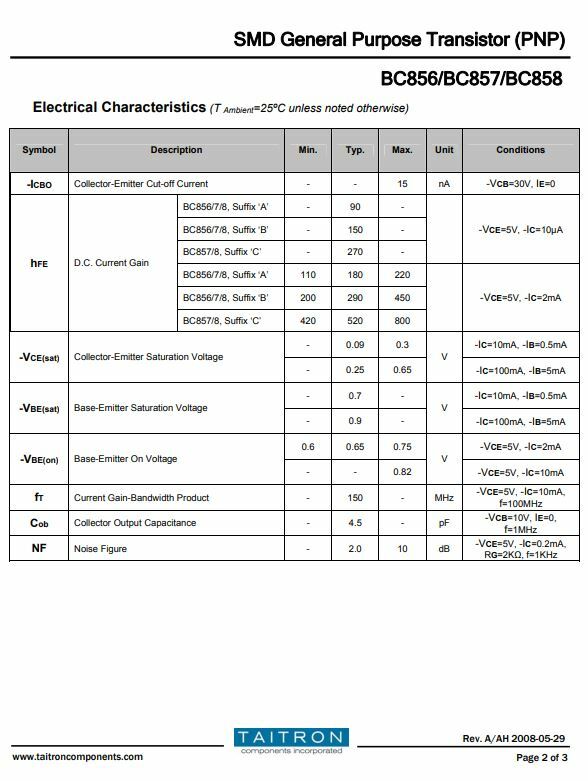 BC857B 3F 45V 100mA 350mW PNP General Purpose Silicon Transistor SMD ...