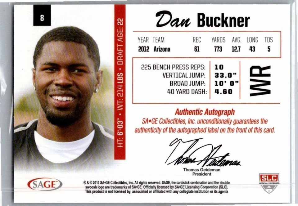 2013 SAGE Hit Auto Dan Buckner #8 Rookie Auto RC | eBay