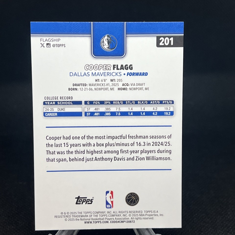 COOPER FLAGG - 2025-26 Topps Flagship Basketball ROOKIE Base Card #201 ...