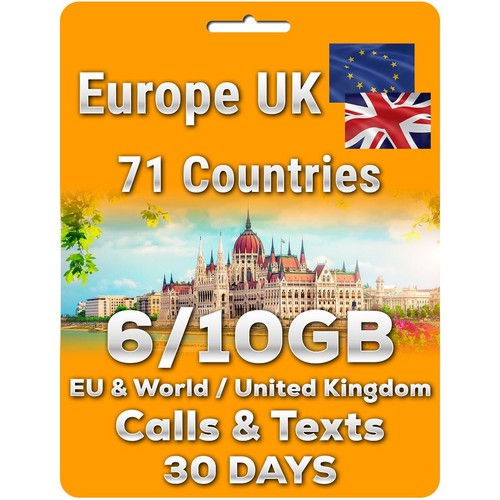 Europe UK Travel Prepaid SIM Card, 6/10GB data, Unlimited Calls & SMS ...