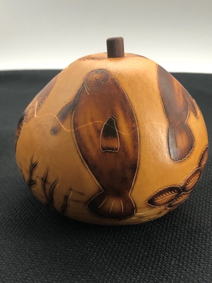 Gourd container with Carved and stained Manatees | eBay