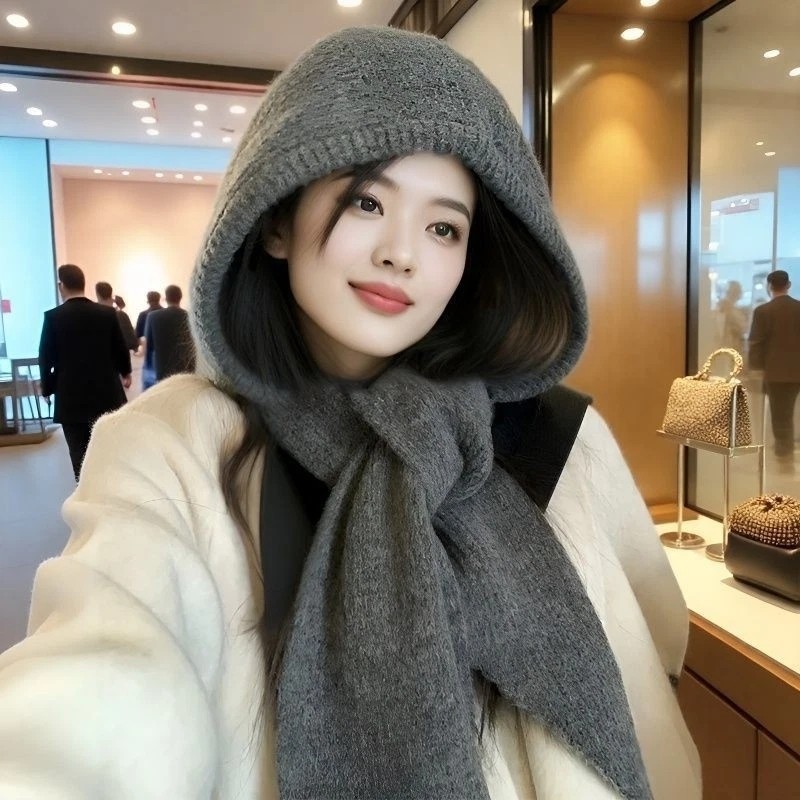 New 2-in-1 Winter Knitted Hooded Hat Scarf for Women,Embellished Knit ...